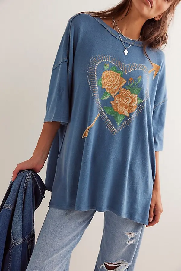 Free People We The Free Love Rose Tee - Navy Combo