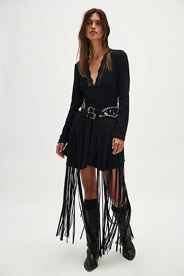UNDERSTATED LEATHER Wide Suede Maxi Skirt Belt With Studs And Fringe - Black