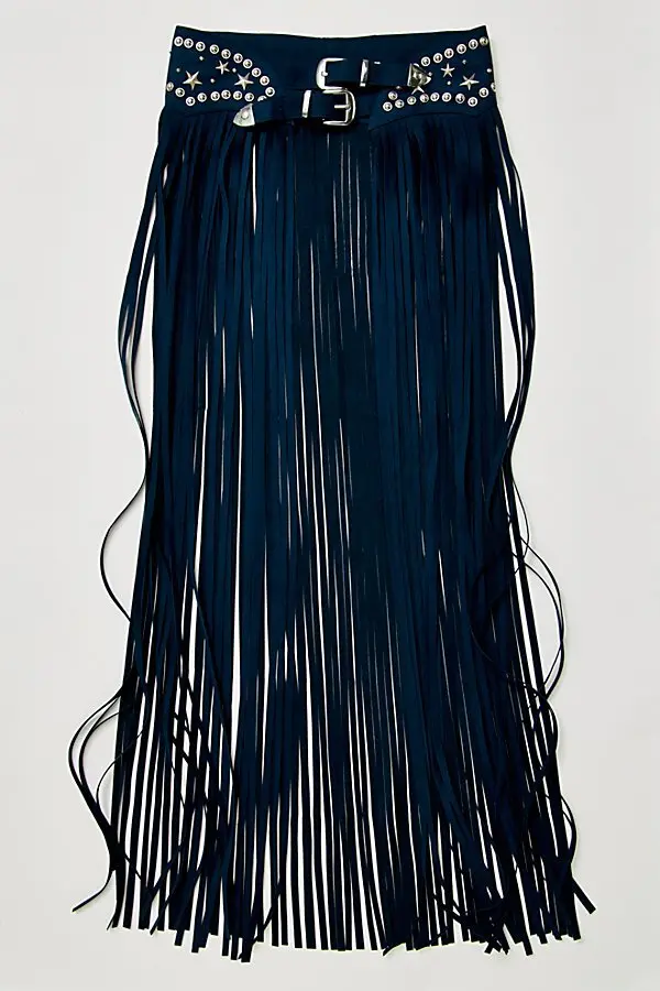 UNDERSTATED LEATHER Wide Suede Maxi Skirt Belt With Studs And Fringe - Sapphire
