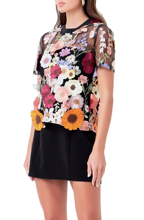 Endless Rose Floral Embroidered Organza Top - Black
