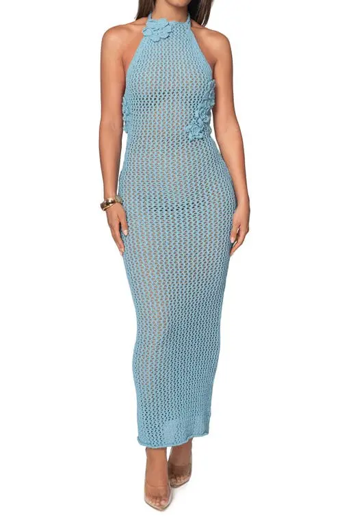 JLUXLABEL Paradise Open Stitch Crochet Halter Dress - Blue