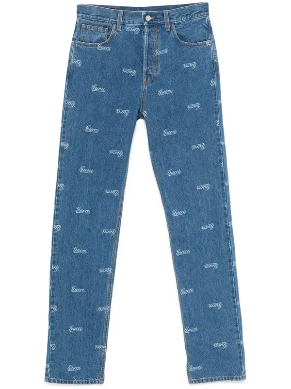 Gucci Logo-Print Straight Leg Jeans - Blue | Editorialist