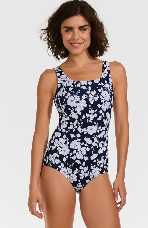 LANDS' END Tugless Low Leg One-piece Swimsuit - Navy Blossom Floral