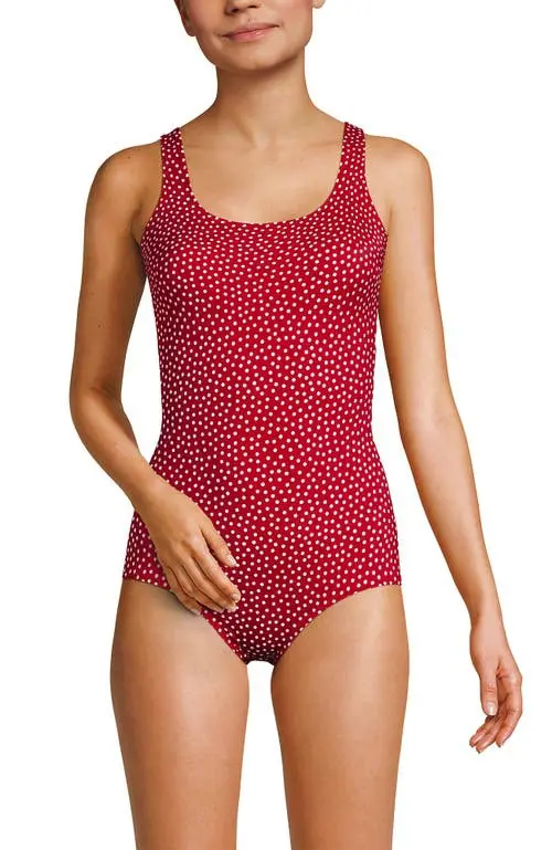 LANDS' END Tugless Low Leg One-piece Swimsuit - Red Mini Dot