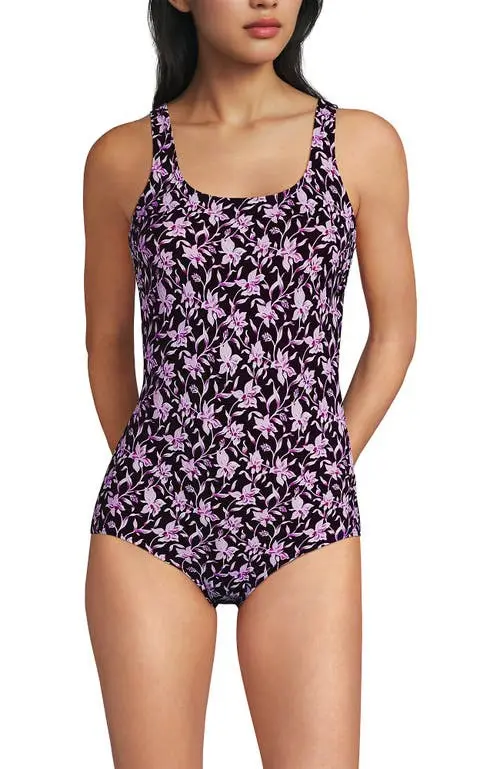 LANDS' END Tugless One-piece Swimsuit - Tropic Floral Ditsy/dark Wine