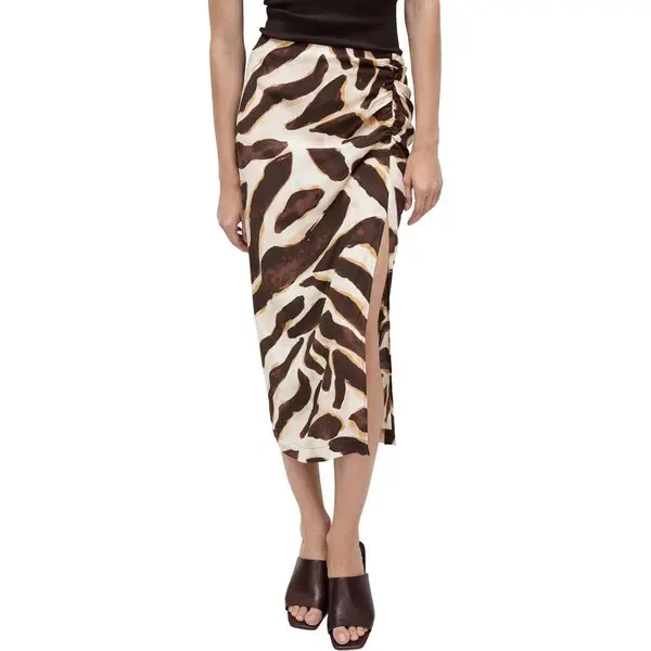 Mango Animal Print Side Slit Midi Skirt - Brown