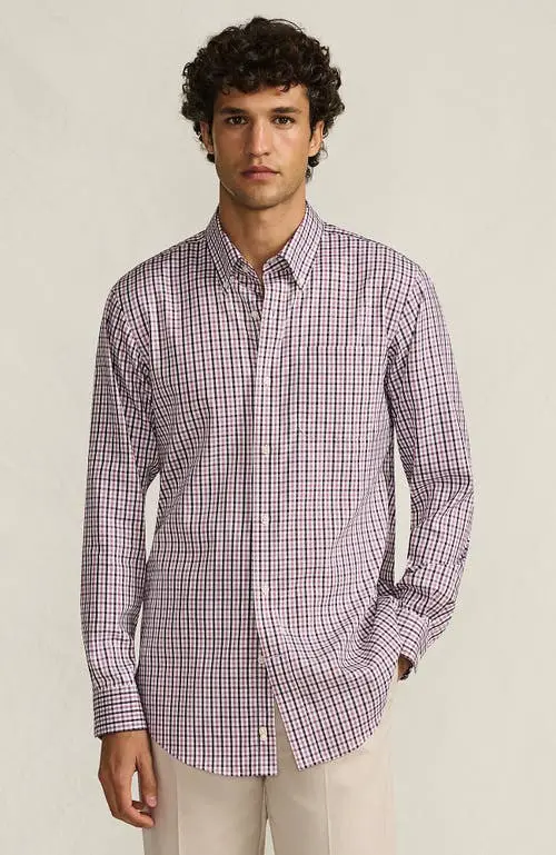 LANDS' END Traditional Fit Solid No Iron Supima Pinpoint Buttondown Collar Dress Shirt - Lush Burgundy Multi Check
