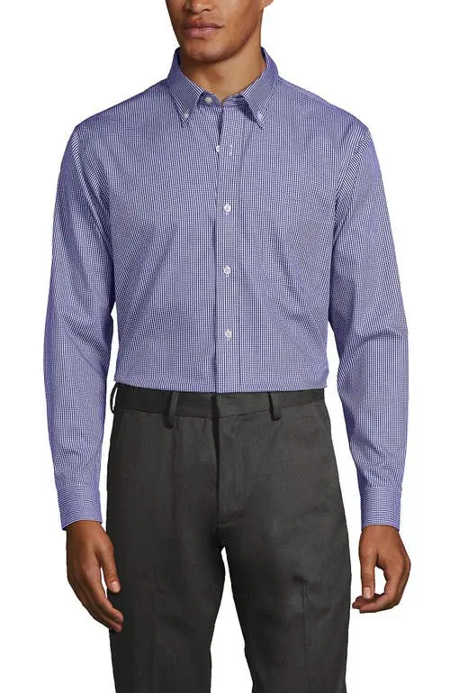 LANDS' END Traditional Fit Solid No Iron Supima Pinpoint Buttondown Collar Dress Shirt - Rich Sapphire Check