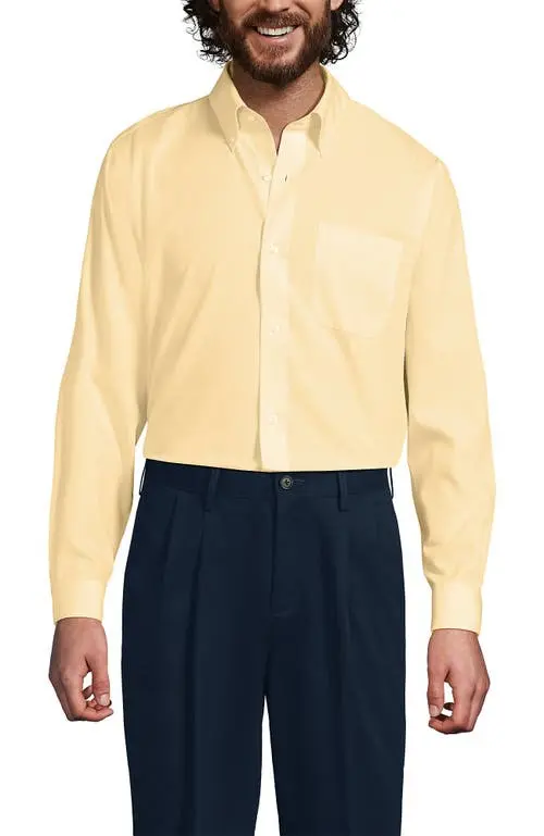 LANDS' END Traditional Fit Solid No Iron Supima Pinpoint Buttondown Collar Dress Shirt - Sunkissed Yellow Mini Check