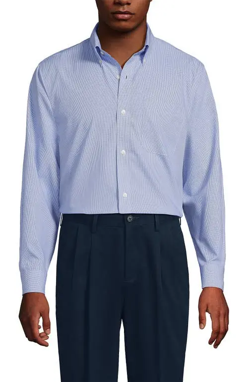 LANDS' END Traditional Fit Solid No Iron Supima Pinpoint Buttondown Collar Dress Shirt - Vibrant Lapis Mini Check