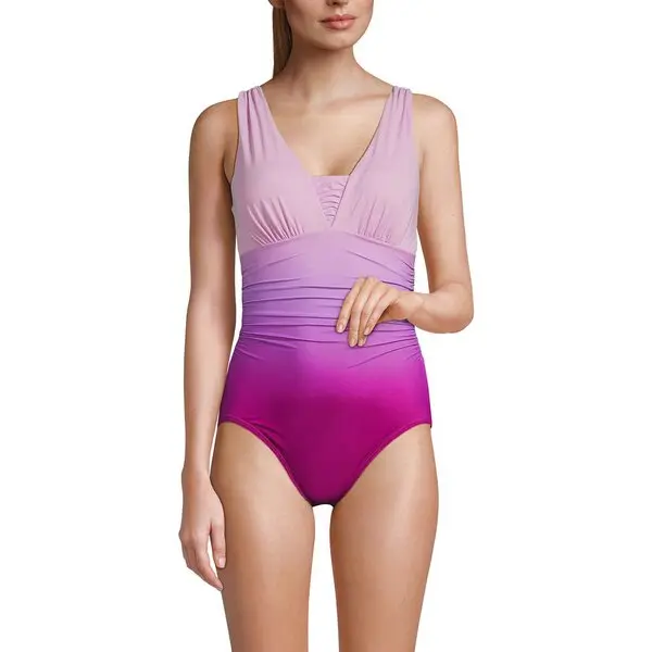 LANDS' END Slendersuit Grecian Tummy Control One-piece Swimsuit - Crimson Rose/purple Ombre