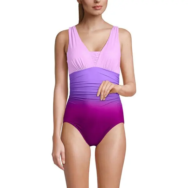 LANDS' END Slendersuit Grecian Tummy Control One Piece Swimsuit - Crimson Rose/purple Ombre