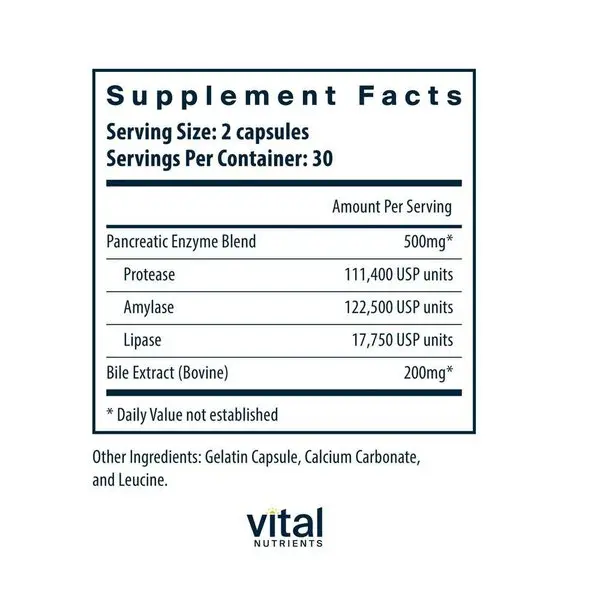 VITAL NUTRIENTS Pancreatin And Ox Bile 60 Capsules