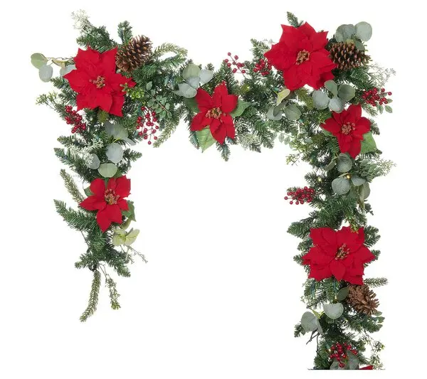 VILLAGE LIGHTING CO. Village Lighting 9' Pre-lit Led Garland Chris Tmas Poinsetti - One-color