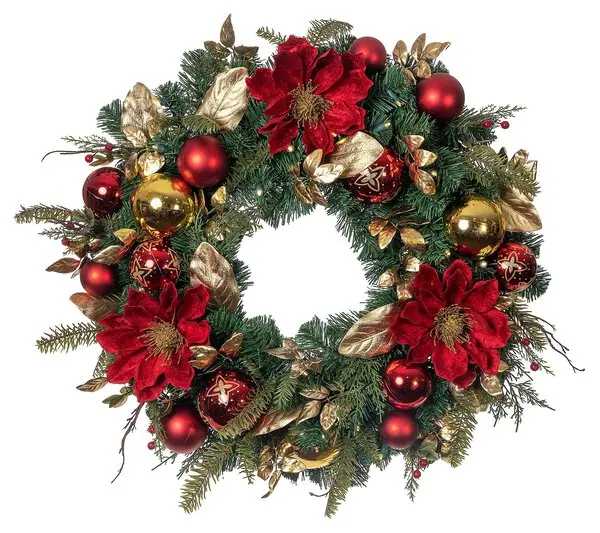 VILLAGE LIGHTING CO. Village Lighting 30' Pre-lit Wreath-golden Leaf Red Magnolia - One-color