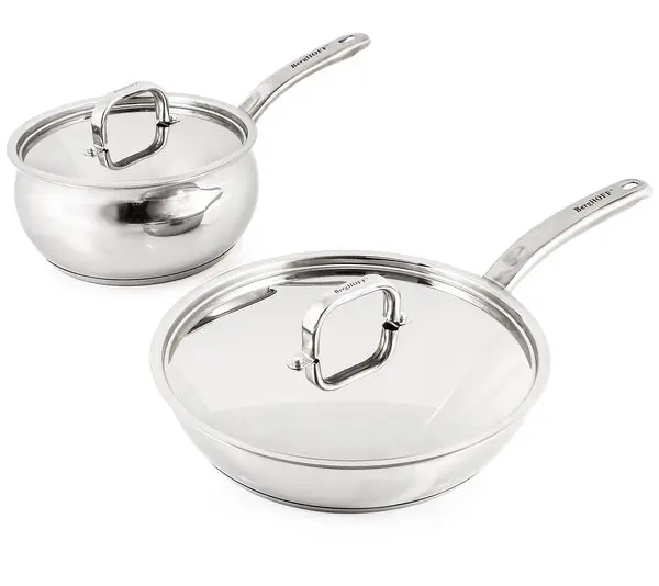 BERGHOFF Belly Shape 4pc 18/10 Ss Skillet & Sau Epan Set - One-color