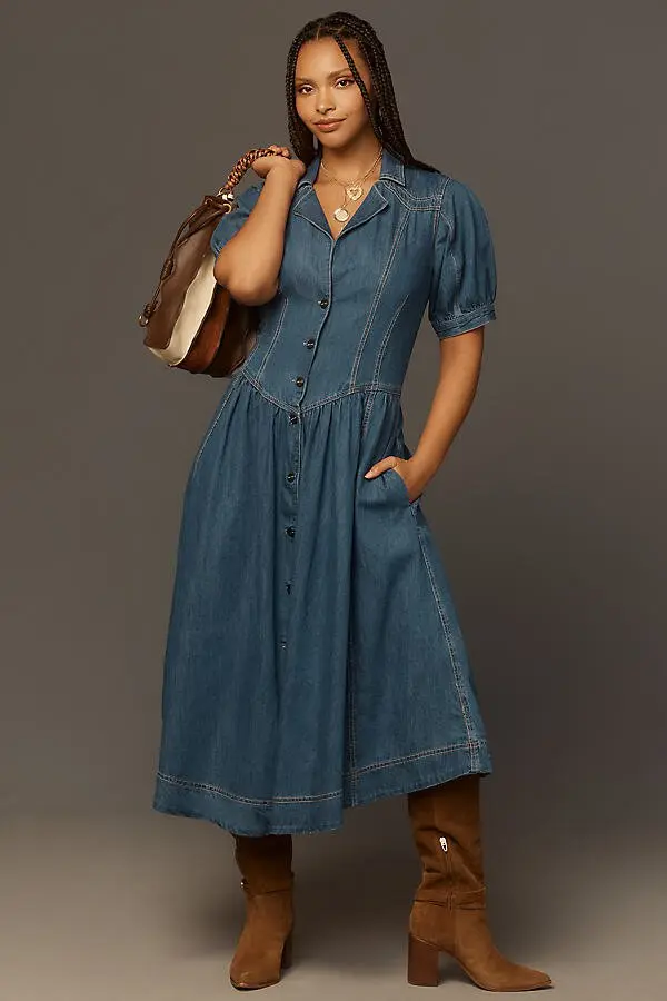 Short-sleeve Denim Midi Shirt Dress - Blue