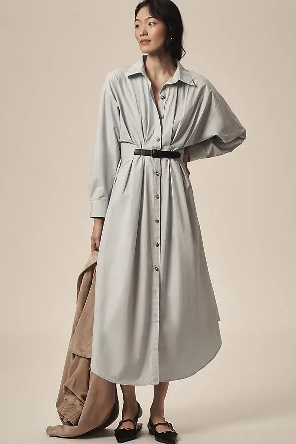 strapless open back dress Blue Stripe Cotton Pleated Midi Dress - Shirt Dresses