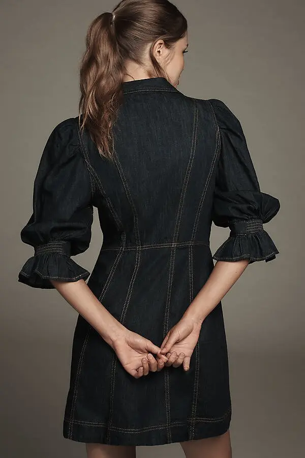 anthropologie puff sleeve denim dress Calder Puff-Sleeve Denim Mini Dress
