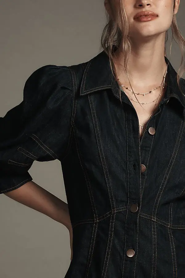 puff sleeve denim dress anthropologie Maeve Puff-Sleeve Tiered Denim Mini Dress