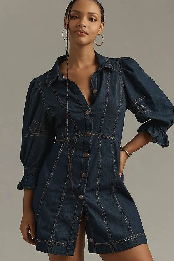 denim dress women anthropologie Pilcro Puff-Sleeve Seamed Denim Dress
