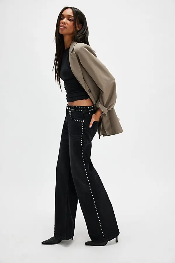 RE/DONE Studded Mid-rise Wide-leg Jeans