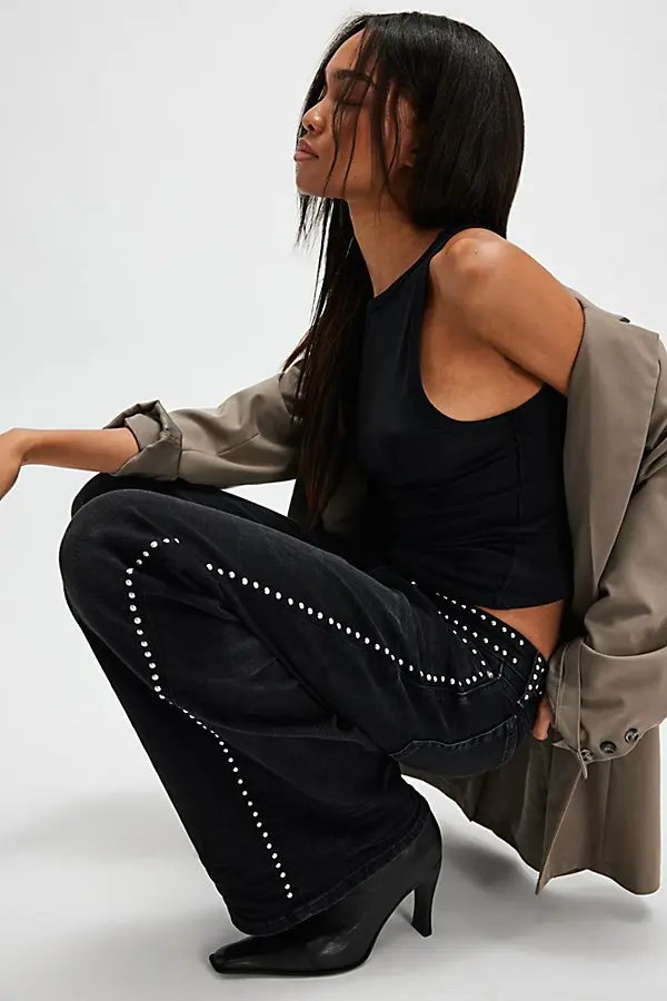 RE/DONE Studded Mid-rise Wide-leg Jeans