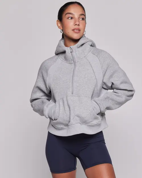 REBODY Fleece Half Zip Boxy Hoodie - Heather Grey