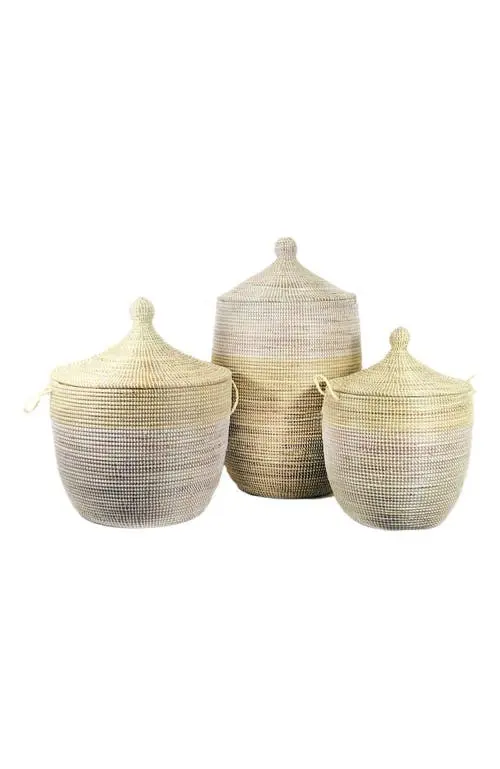 MBARE Dou Lid Storage Basket Two-tone Low Storage - Natural And White
