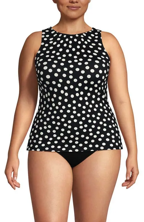 LANDS' END Long Torso High Neck Upf 50 Tankini Swimsuit Top - Black/egret White Tossed Dots