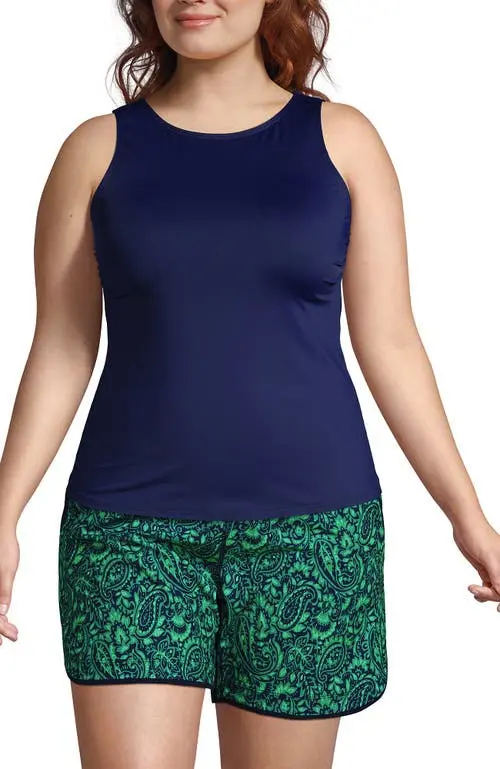 LANDS' END Long Torso High Neck Upf 50 Tankini Swimsuit Top - Deep Sea Navy