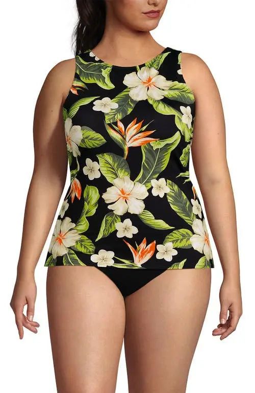 LANDS' END Long Torso High Neck Upf 50 Tankini Swimsuit Top - Hibiscus Floral/black