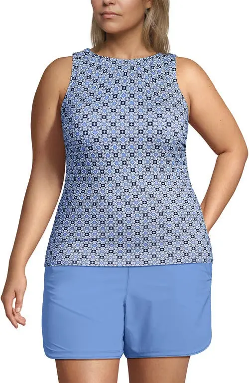 LANDS' END Long Torso High Neck Upf 50 Tankini Swimsuit Top - Lake Blue Geo Floral
