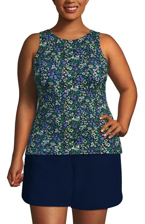 LANDS' END Long Torso High Neck Upf 50 Tankini Swimsuit Top - Navy Multi Ditsy Floral