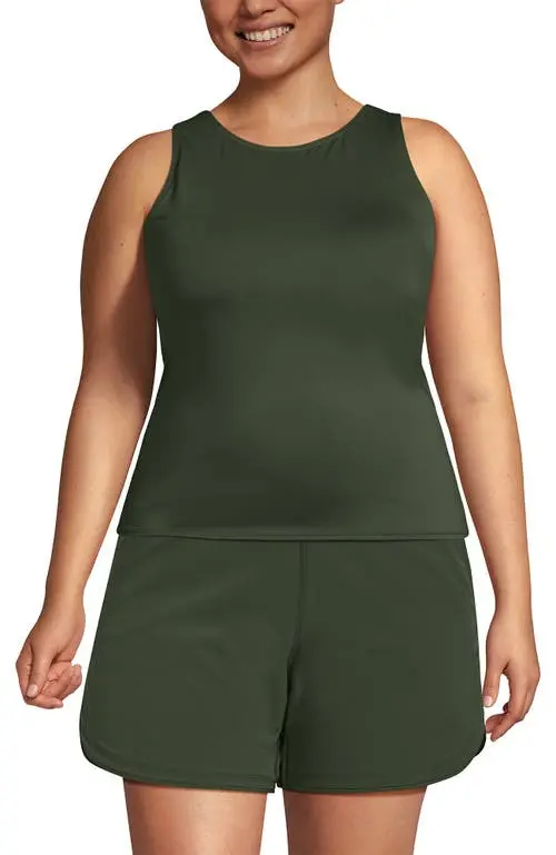 LANDS' END Long Torso High Neck Upf 50 Tankini Swimsuit Top - Rich Olive Green
