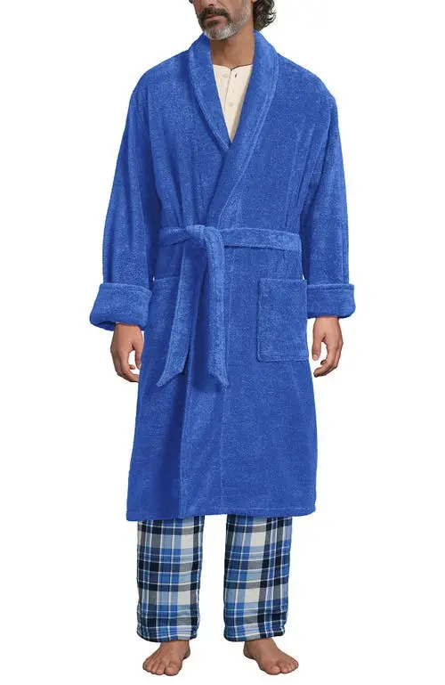 LANDS' END Calf Length Turkish Terry Robe - Muted Cobalt Blues