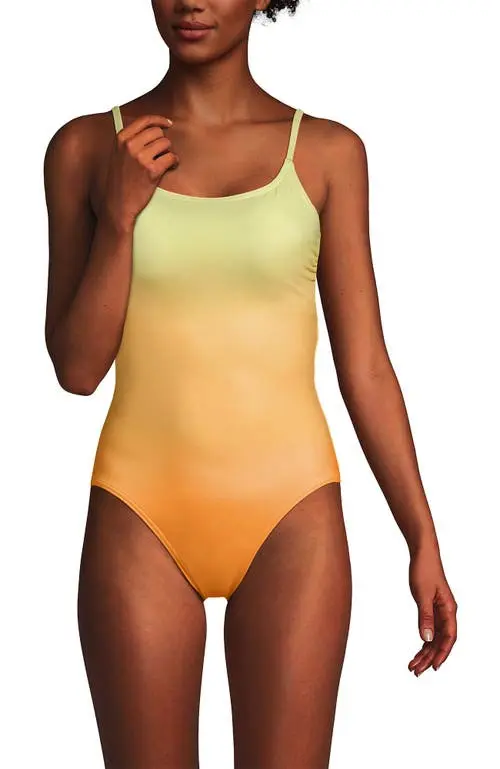 LANDS' END Chlorine Resistant High Leg One-piece Swimsuit - Icy Mint/orange Ombre