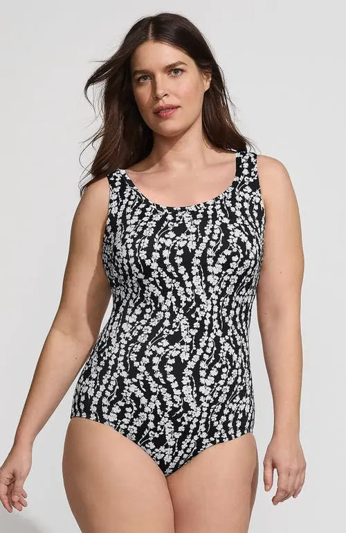 LANDS' END Tugless Low Leg One-piece Swimsuit - Black/white Vine Floral