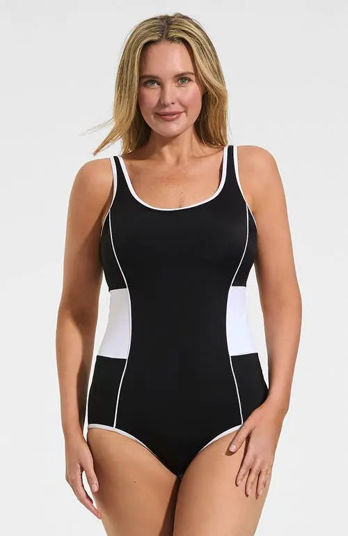 LANDS' END Tugless Low Leg One Piece Swimsuit - Black/white