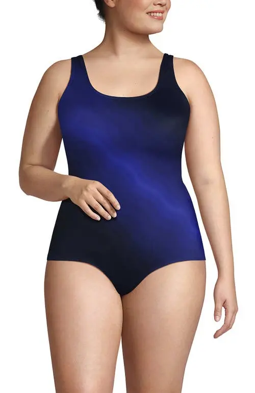 LANDS' END Tugless Low Leg One-piece Swimsuit - Blue Wavy Ombre