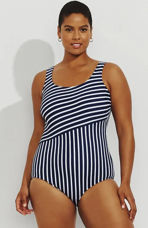 LANDS' END Tugless Low Leg One-piece Swimsuit - Deep Sea/white Media Stripe