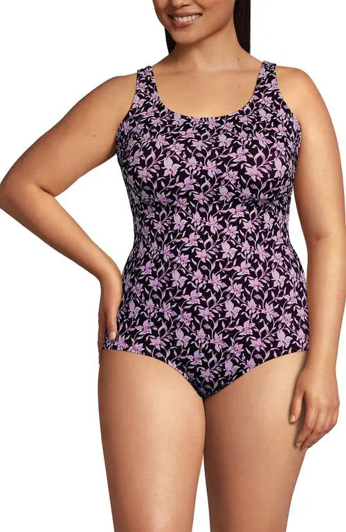 LANDS' END Tugless Low Leg One-piece Swimsuit - Tropic Floral Ditsy/dark Wine