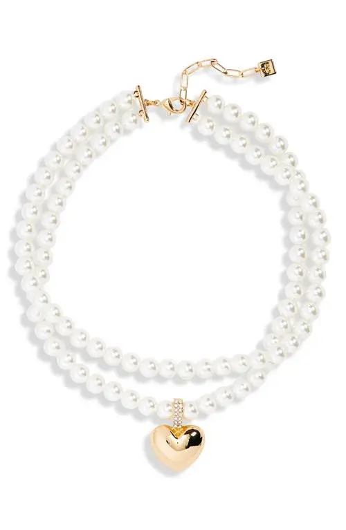 OPEN EDIT Faux Pearl Layered Necklace With Heart Charm - White- Gold