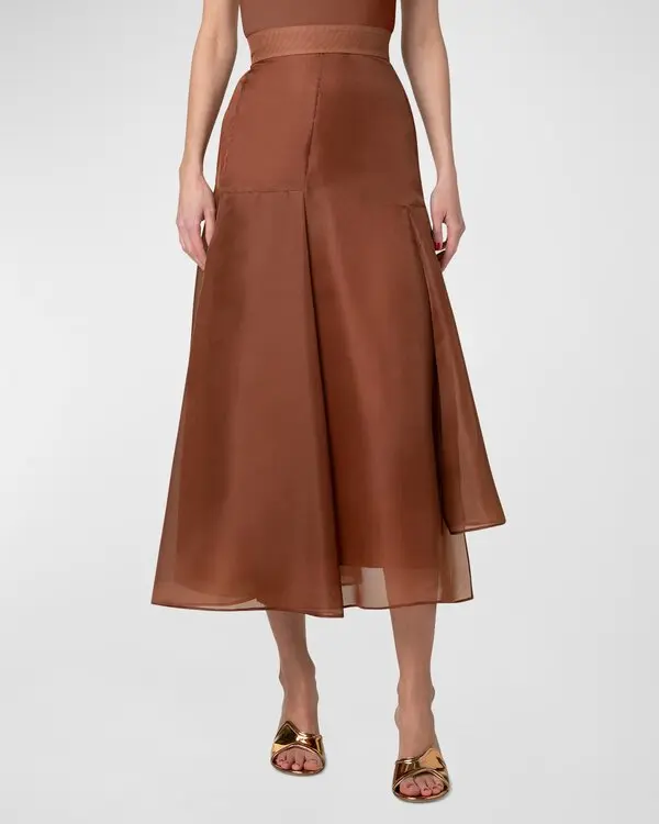 Akris Asymmetric Pleated Silk Organza Midi Skirt In Vicuna 60