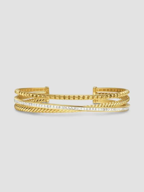 David Yurman Crossover Trio Three Row Cuff Bracelet In 18k Yellow Gold - Diamond