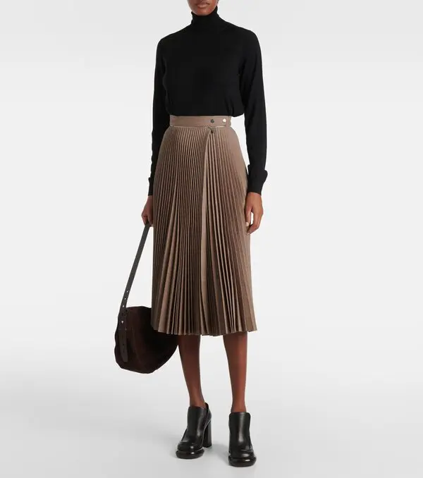 Burberry Pleated Wool Midi Skirt - Brown