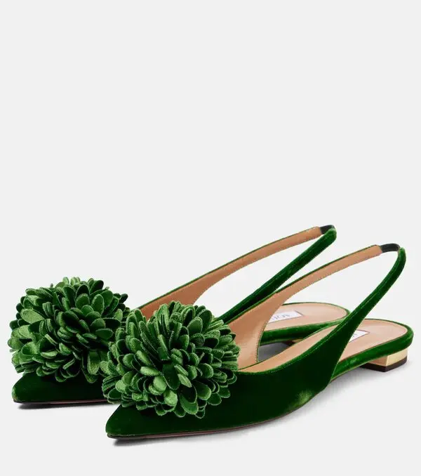 AQUAZZURA Velvet Slingback Flats With Flower Detail