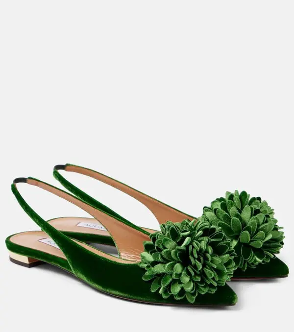 AQUAZZURA Couturier Velvet Slingback Flats - Green