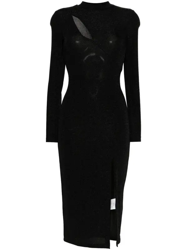 knee length dresses for ladies 2004 Roberto Cavalli Metallic Silk 'Lady Print' High-Slit Trained Gown