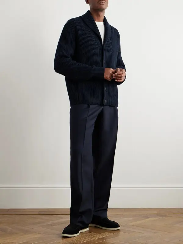 Loro Piana Shawl-collar Ribbed Wool Cardigan